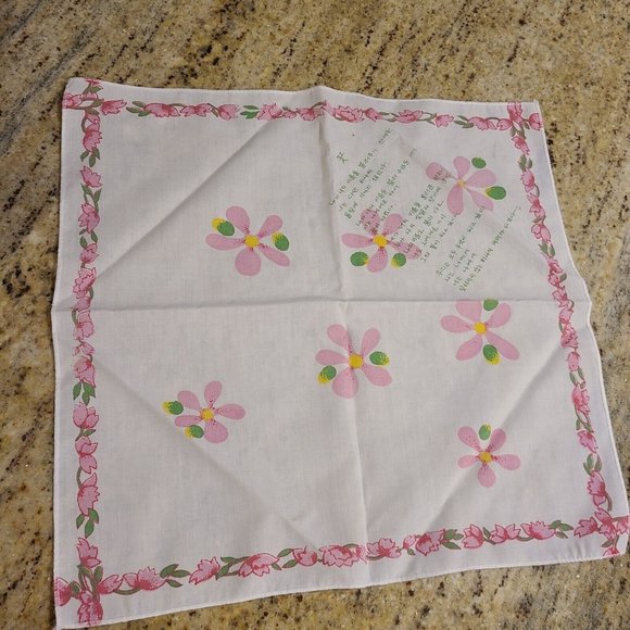 Accessories | Vintage Green Pink Floral Handkerchief Korean Writing ...